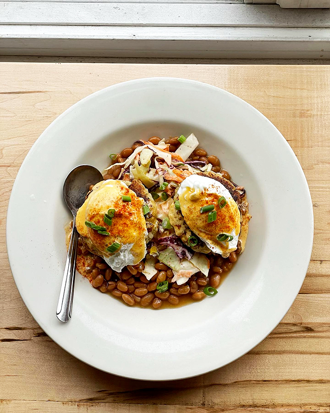 Baked beans and poached eggs transform these cod cakes into a New England breakfast symphony.