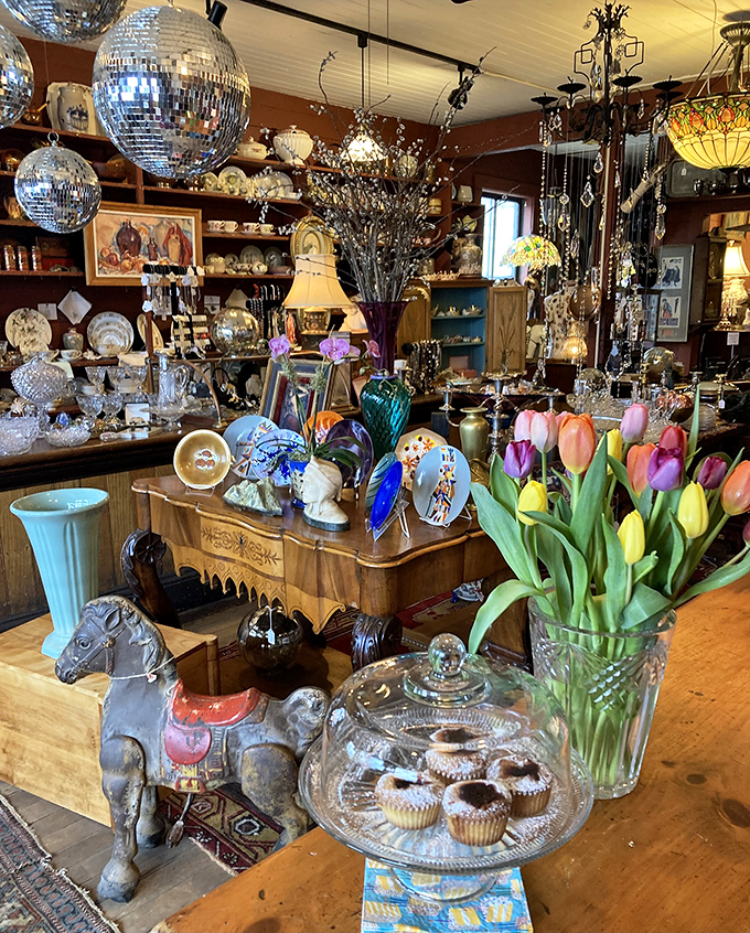 From blooming orchids to blue willow patterns, this shelf is a smorgasbord of styles. It's like your coolest aunt's china cabinet on steroids!