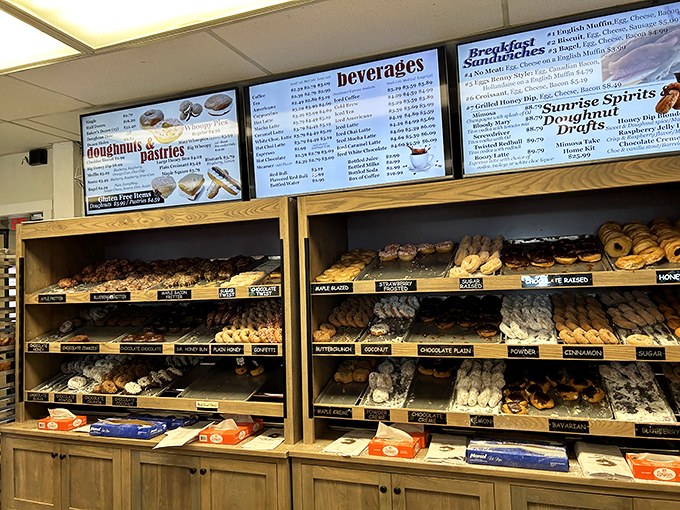 A wall of wonder! This donut display is like a delicious art gallery where every piece is a masterpiece of sugar and dough.