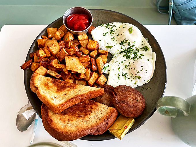 Two eggs, perfectly cooked potatoes, and toast&mdash;breakfast classics elevated to an art form that would make your grandmother proud.