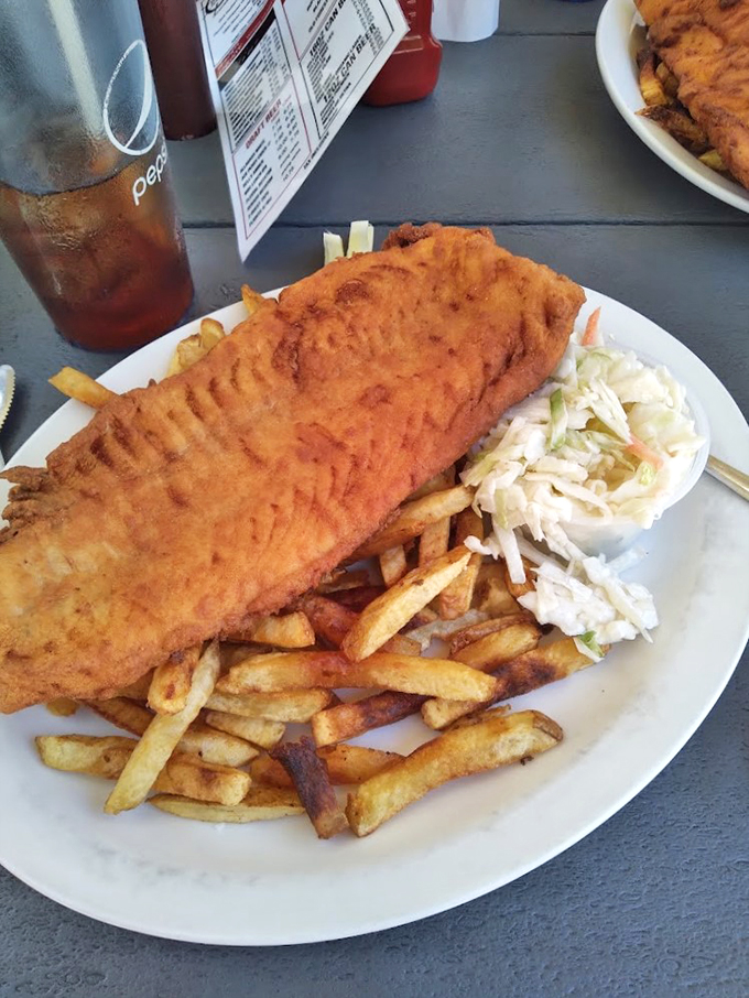 A masterpiece of Maine cooking - crispy coating protecting flaky white fish, with fries standing guard like golden sentinels.