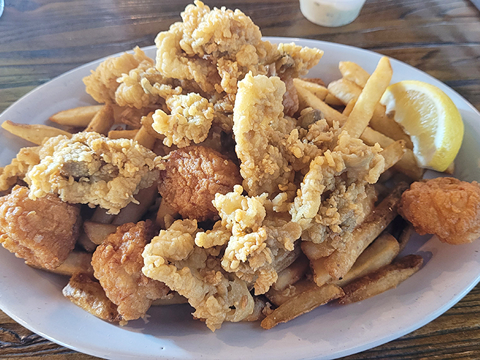 Golden-brown perfection: a mountain of fried seafood that makes choosing just one piece impossible.