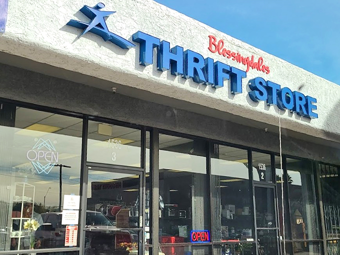 The distinctive blue and red signage stands out against the desert sky, like a beacon for bargain hunters.