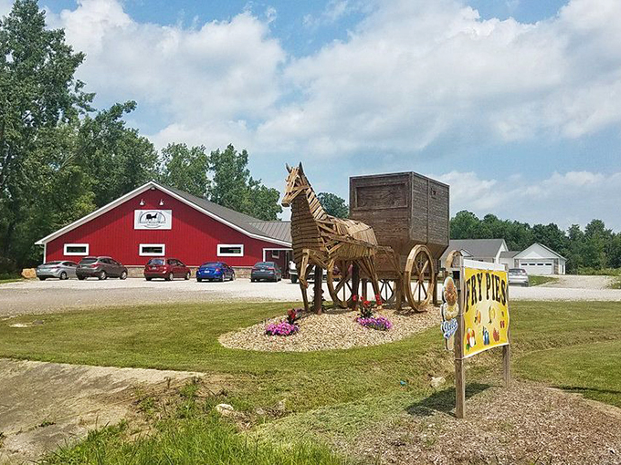 Front and center, this wooden masterpiece stands proud. It's the equine equivalent of the Statue of Liberty for Amish country.