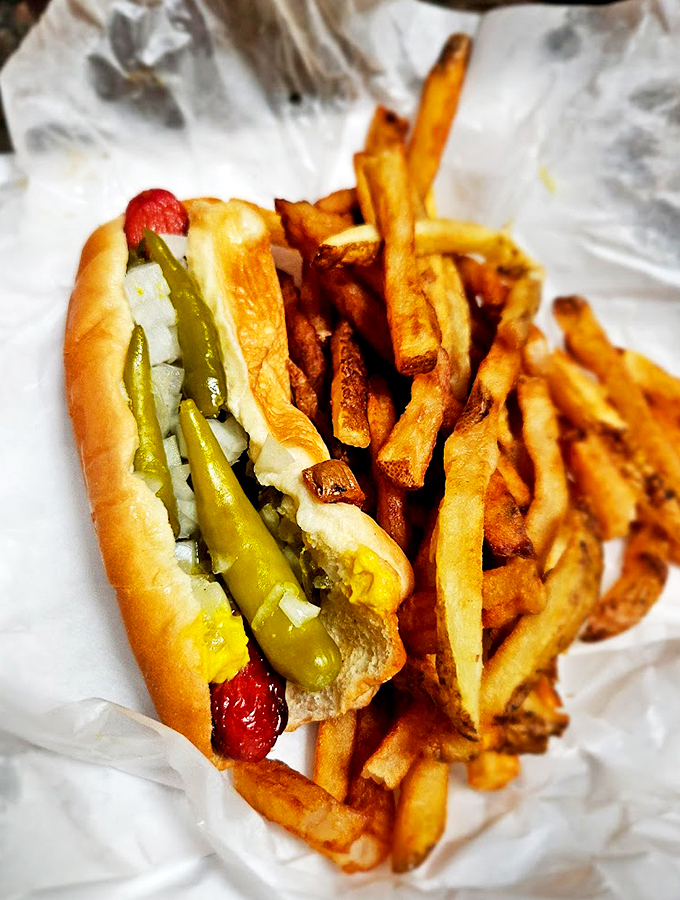The classic Chicago dog in its natural habitat, accompanied by a golden army of hand-cut fries standing at attention.