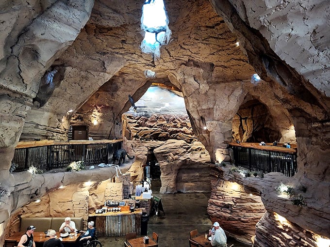 Dine with the dinosaurs? No, but close! This cavern eatery brings new meaning to the phrase "rock-solid ambiance."