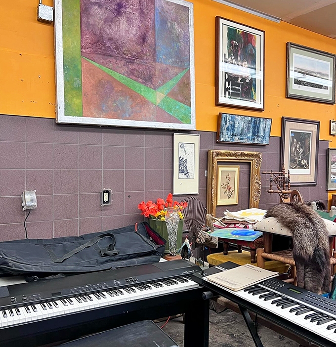 From keys to canvases, this corner's got it all! It's like walking into a time-traveling artist's studio. Picasso, is that you?