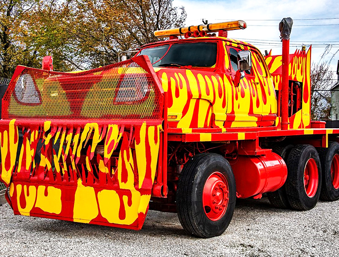 "When your ice cream truck takes a detour through Mad Max's garage." This flaming yellow giant looks ready to deliver rocky road... and a few boulders along the way.