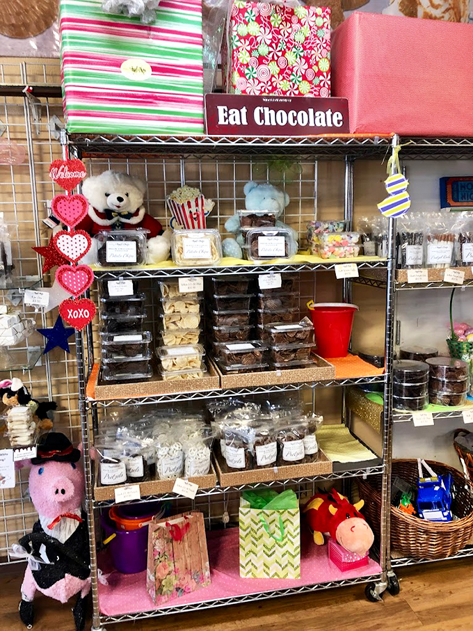 Pastry Shelf "Eat Chocolate," the sign says. Well, if you insist! This shelf is stocked with more temptation than Eve's apple tree.