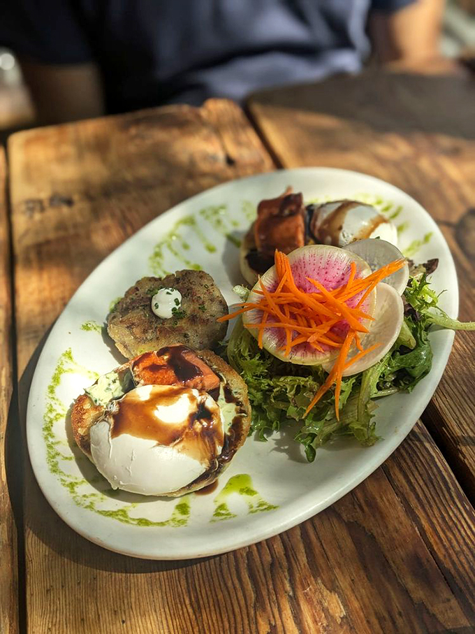 This isn't just breakfast&mdash;it's edible art, with perfectly poached eggs and vibrant watermelon radish garnish.