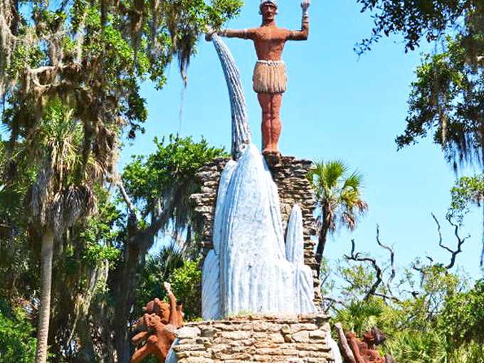 Meet Chief Tomokie, Florida's concrete colossus! He's been raising his cup to the sky since 1957, still waiting for that cosmic refill.