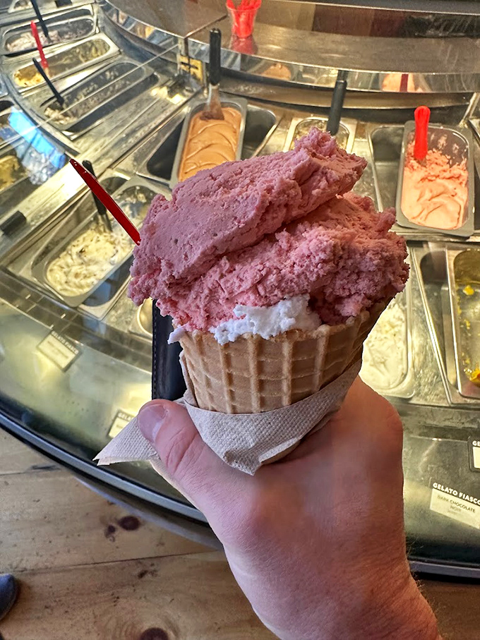 Pink perfection meets creamy white in this towering cone that looks like it was sculpted by Michelangelo himself.