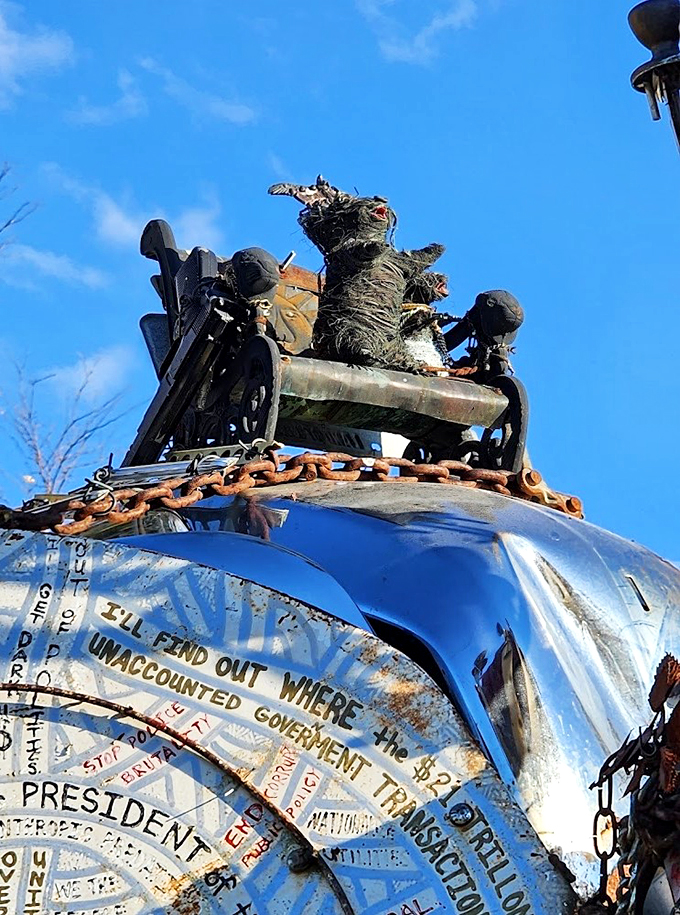 A delicate butterfly among steel and springs - proof that beauty can bloom even in the most unexpected places.