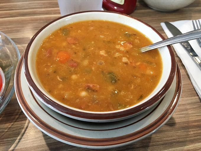 A bowl of bean and ham soup so hearty, it could probably tell you stories about the Great Depression.
