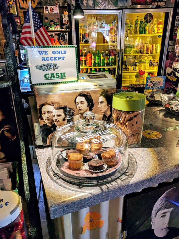 Under a glass dome, these "Sgt. Pepper's Lonely Hearts Club Brownies" stand ready to satisfy any sweet tooth's revolution.