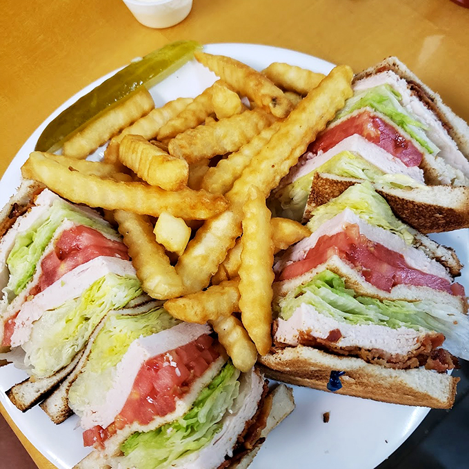 The ultimate power couple: a towering sandwich and its faithful sidekick, golden fries. It's a match made in comfort food heaven!
