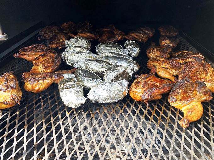 A symphony of smoke and spice! These birds are basking in barbecue glory, waiting to make your taste buds sing.