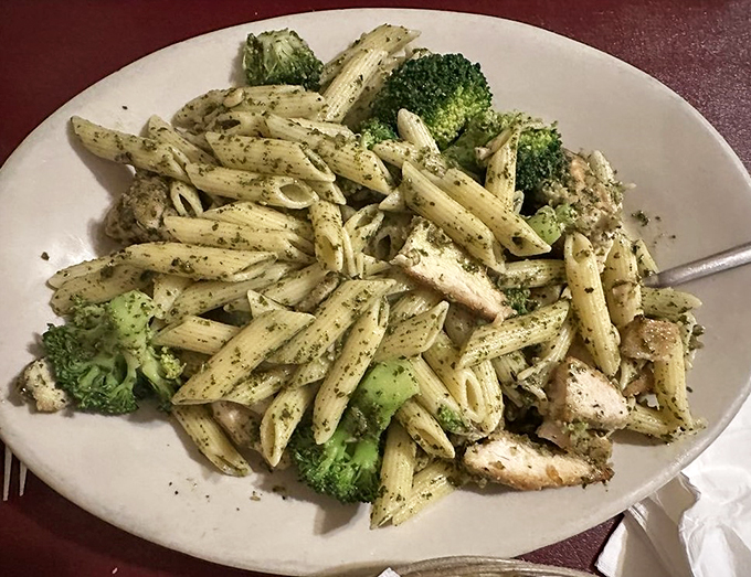Pesto change-o! This plate of pasta is greener than Vermont in springtime and twice as fresh.