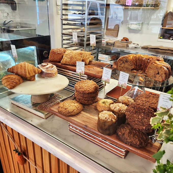 A display case that could make a French patissier weep - croissants, cookies, and breads living in perfect harmony.
