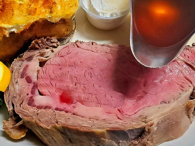 Behold the king of the dinner table! This prime rib is so perfectly pink, it could make a rose jealous. Juicy, tender, and worth every bite.
