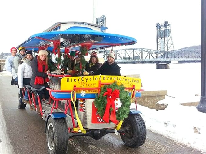 Who needs reindeer when you've got a pedal-powered sleigh? Stillwater's BierCycle brings new meaning to "dashing through the snow"!