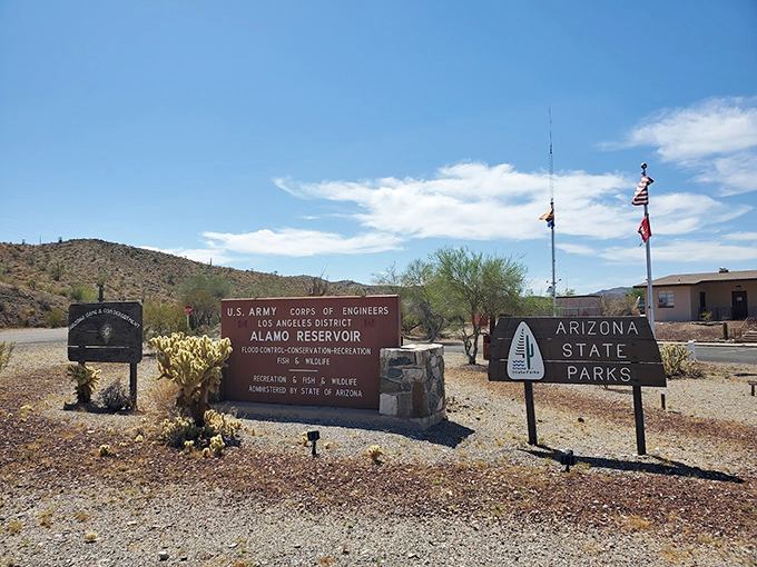 Alamo Lake's entrance signs stand like friendly gatekeepers, welcoming visitors to this hidden desert oasis.