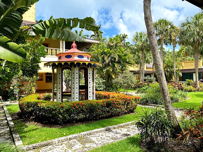 Tropical paradise or artist's fever dream? This colorful gazebo's straight out of a Wes Anderson film.