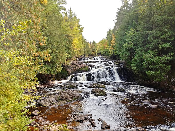 Nature's own lava lamp! Reddish-brown waters tumble over ancient lava flows, creating a mesmerizing earthen light show.