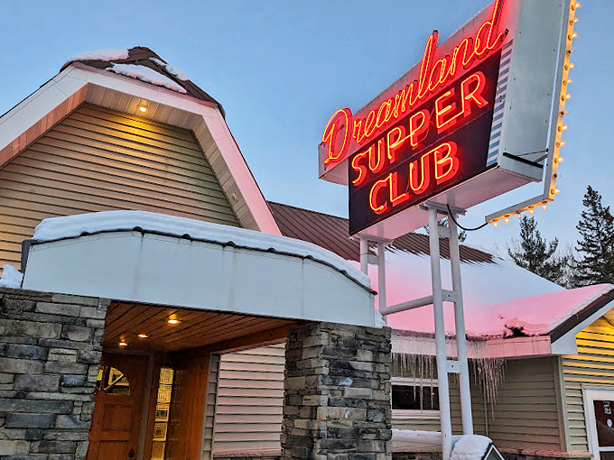 That classic neon sign glowing against the twilight sky - a beacon of comfort food that's been drawing folks in since the good old days.