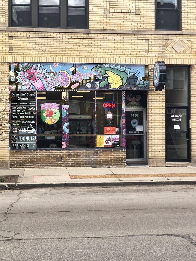 Donuts vs. Dinosaurs? This mural is sweeter than Jurassic Park meets Willy Wonka. And the donuts inside? Even better!