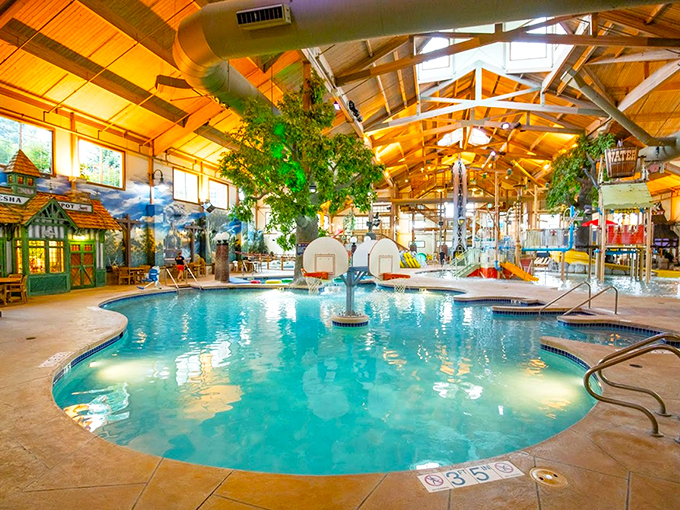 The indoor splash zone offers year-round summer fun, complete with fun slides for endless winter escapes.