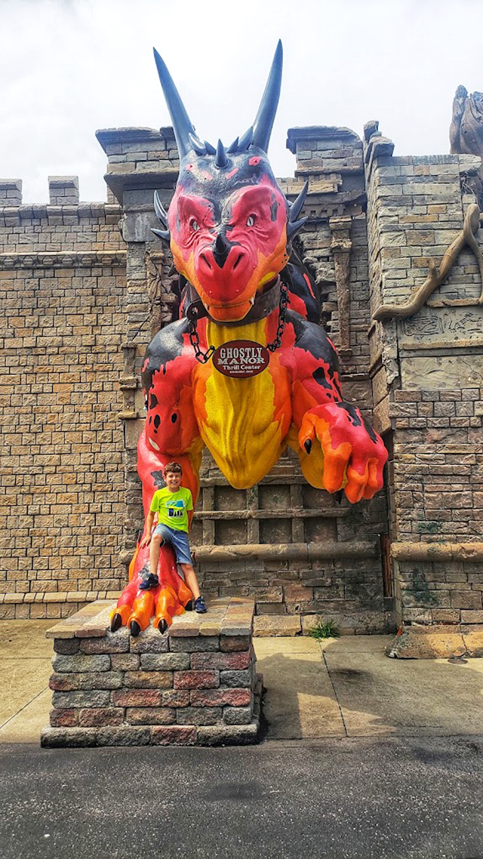 "Boo-tiful encounters await! Ghostly Manor's imposing dragon invites brave souls to step into a world where fantasy and fright playfully collide."