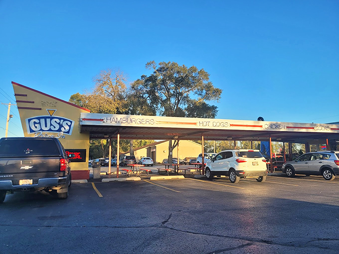 Burgers, shakes, and double takes. Gus's giant mascot ensures you'll never miss your exit to Flavortown.