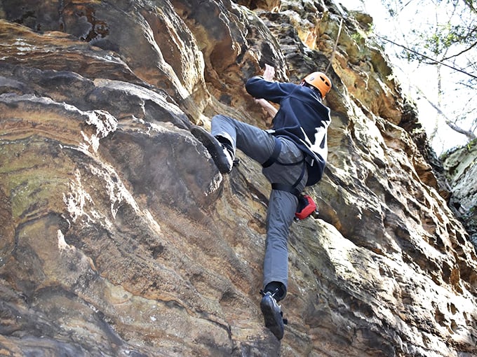 Gravity-defying shenanigans! Who needs Spider-Man when you've got a harness and a can-do attitude?