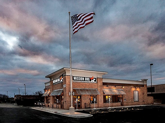 Brick, corrugated metal, and an American flag &ndash; it's like the Declaration of Independence for your taste buds! Photo credit: MISSION BBQ