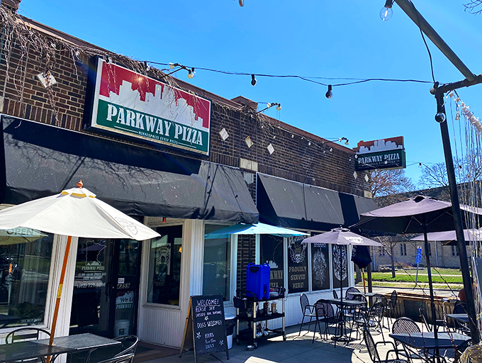 Parkway by day, pizza paradise by night. This Minneapolis favorite proves everything looks better under string lights.