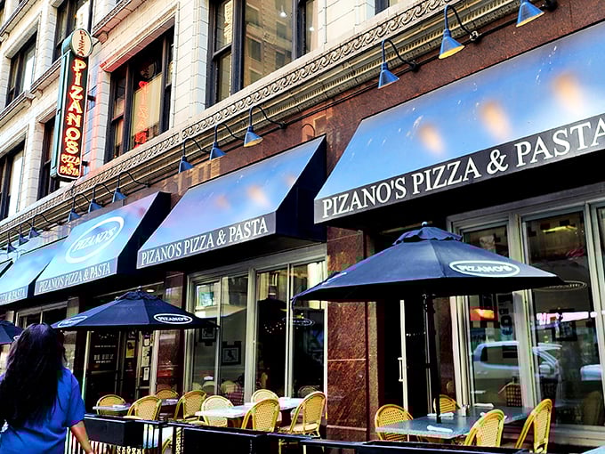 Pizano's outdoor seating is perfect for people-watching while you pizza-eat. It's multitasking at its most delicious.