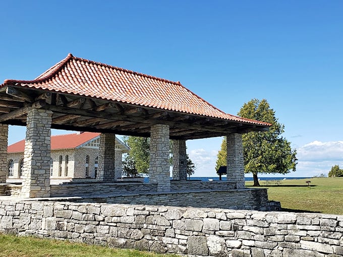 Asian-inspired pavilion offers shelter and style, proving that even park architecture can have a plot twist.