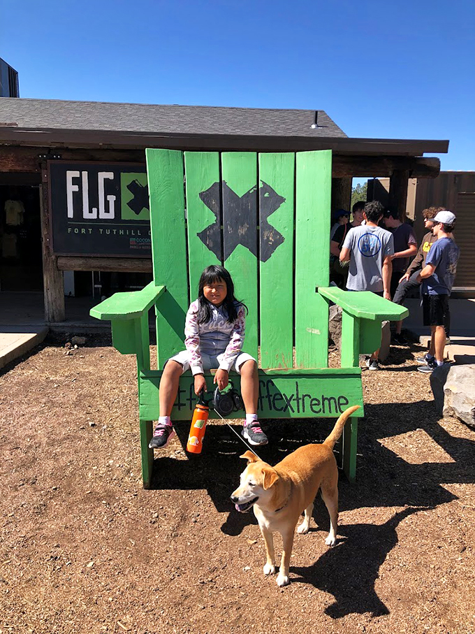 The throne of adventure! This oversized chair isn't just Instagram bait - it's where you sit to contemplate your next gravity-defying feat.