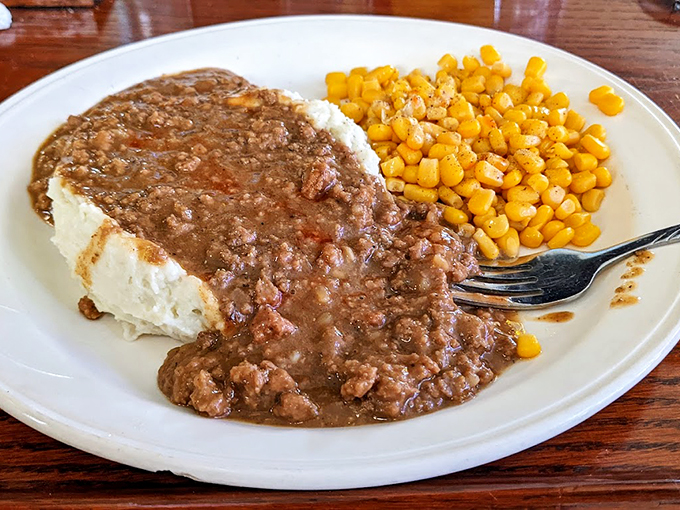 Mashed potato mountain, meet gravy volcano! This plate is a delicious geography lesson in comfort food topography. Explore at your own risk!
