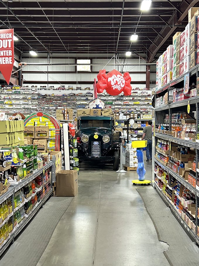 Great Scott! This vintage car display adds a touch of "Back to the Future" nostalgia to your candy-shopping adventure.