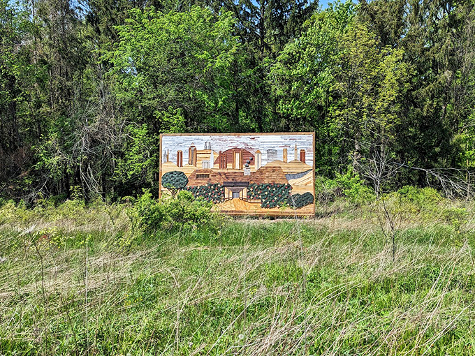 When Mother Nature moonlights as a sign painter. This weathered wooden artwork tells a story only the forest can fully understand.