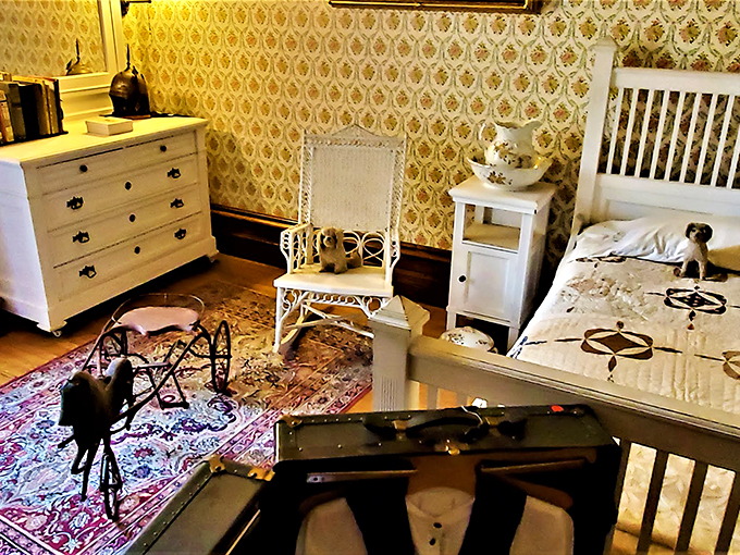 Delicate white furnishings and vintage toys transport visitors to a time when "screen time" meant hiding behind a parasol.