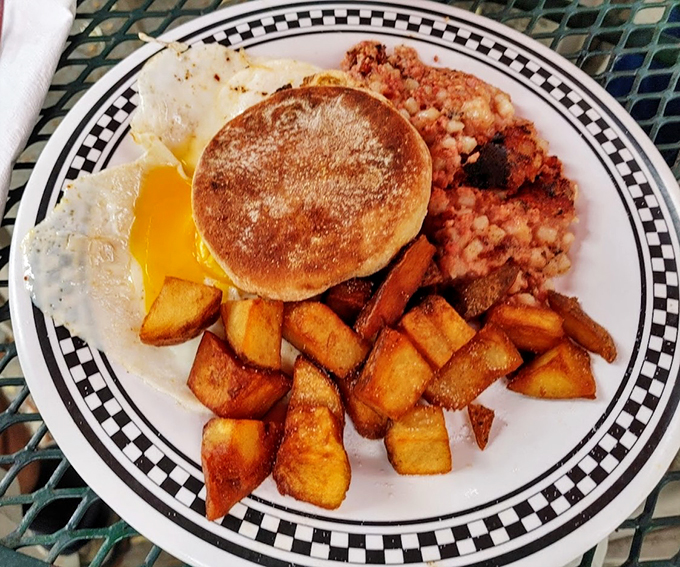 Sunny side up eggs with a side of nostalgia. This plate screams 'Good morning!' louder than your alarm clock ever could.