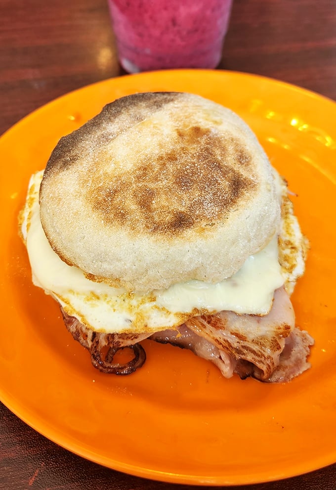 The breakfast sandwich that dreams are made of. Layer upon layer of morning magic, all wrapped up in a warm, pillowy embrace.