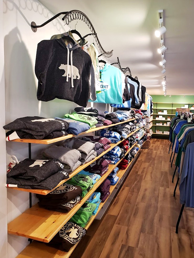A rainbow of cozy Vermont-themed apparel lines the walls, perfect for showing your Green Mountain State pride in style.
