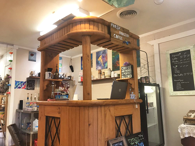 A rustic wooden coffee bar that looks like it was plucked straight from a mountain cabin serves up fresh-roasted comfort.