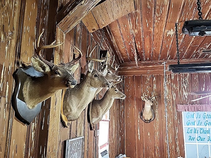 Local hunting trophies and inspirational signs create that distinctly Southern atmosphere that money just can't buy