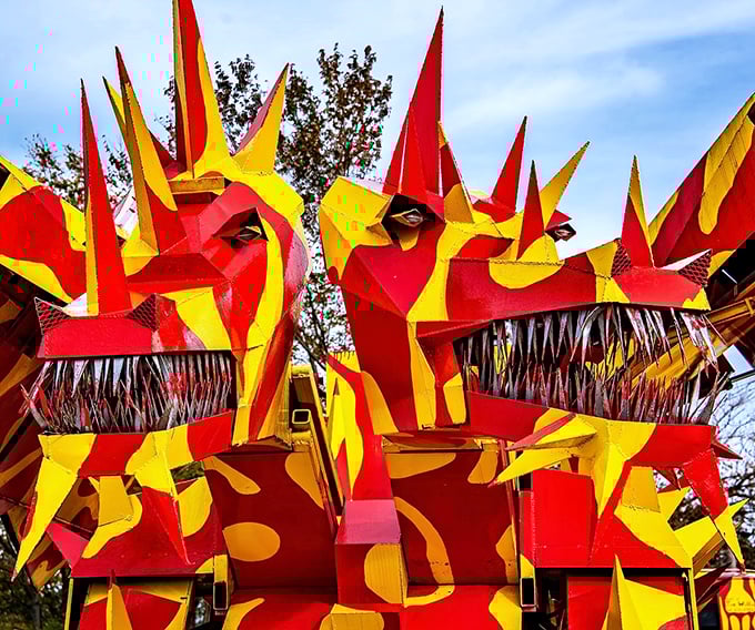 "Two heads are better than one, especially when you're made of metal." These fiery fellows look like they escaped from a heavy metal album cover to terrorize your local scrapyard.