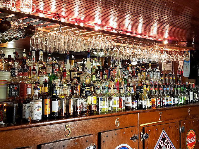 A symphony in glass and spirits, lined up like soldiers ready for duty.